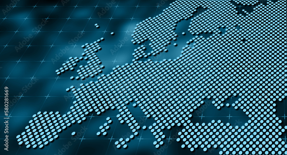 Perspective dot europe continent map. EU pixel map outline on dark ...