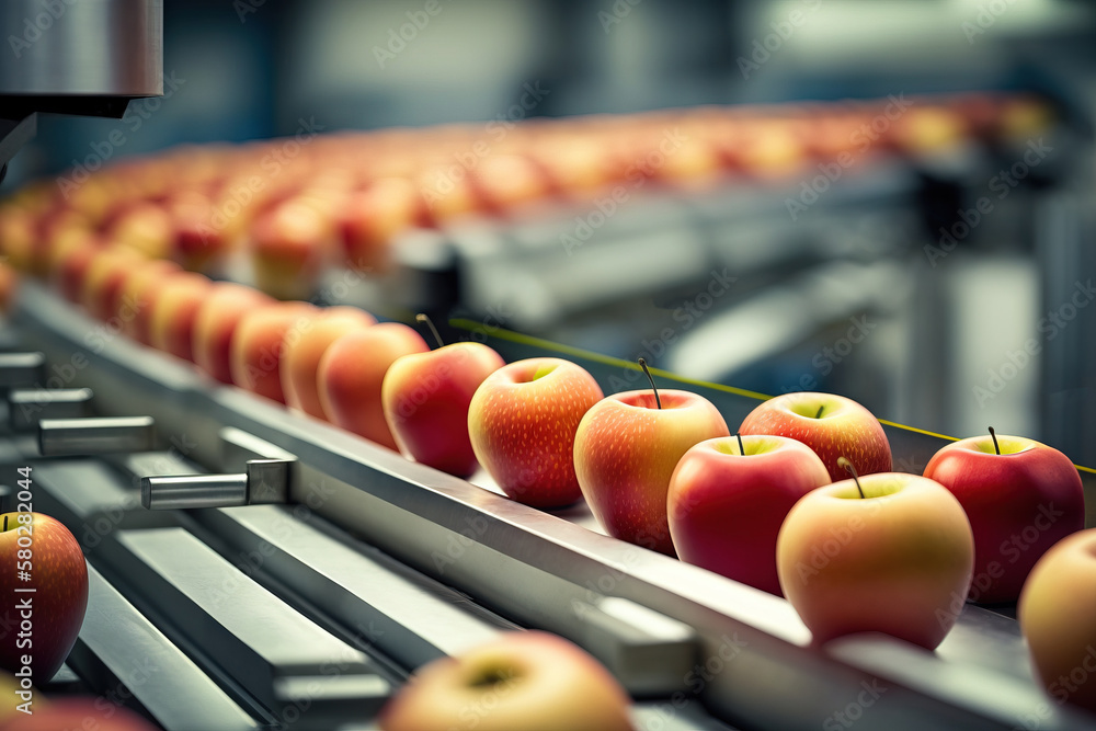 Apples in a food processing facility, clean and fresh, ready for ...
