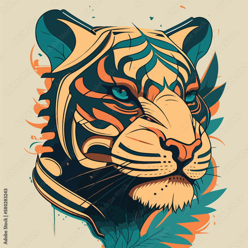 A stylized tiger's muzzle with a retro-inspired design, featuring bold ...