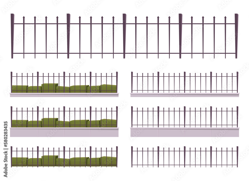 Cartoon metal fence collection vector illustration isolated on white ...
