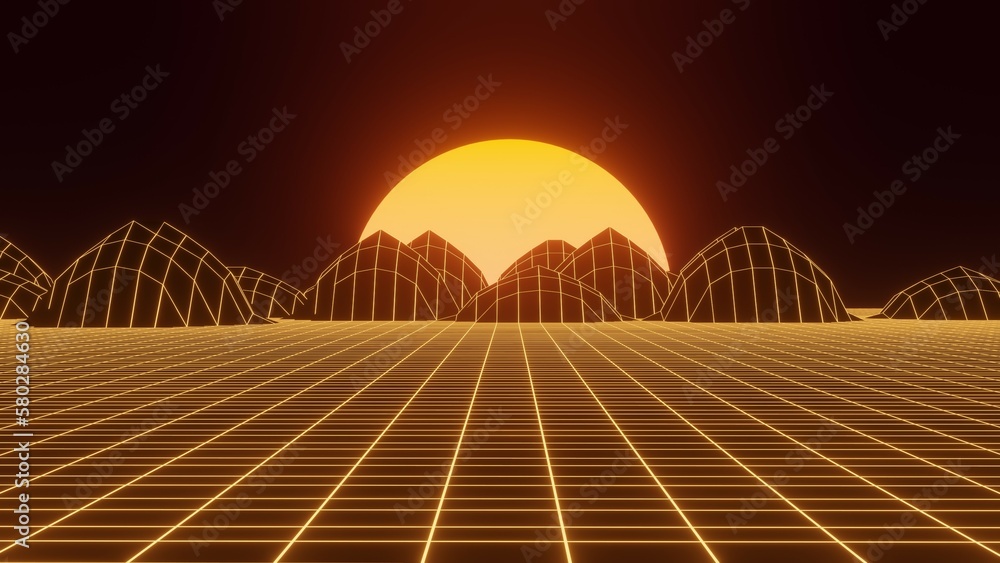 Retro sci-fi landscape of mountains. Futuristic polygonal background in ...