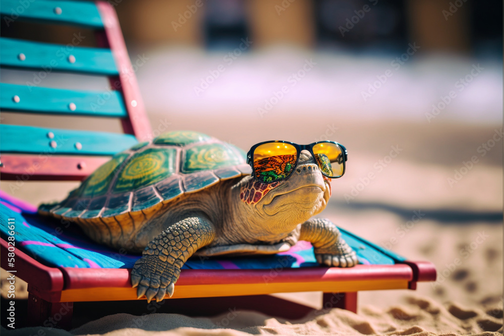 Turtle in sunglasses on a sea beach lying on a sun lounger, animal on ...