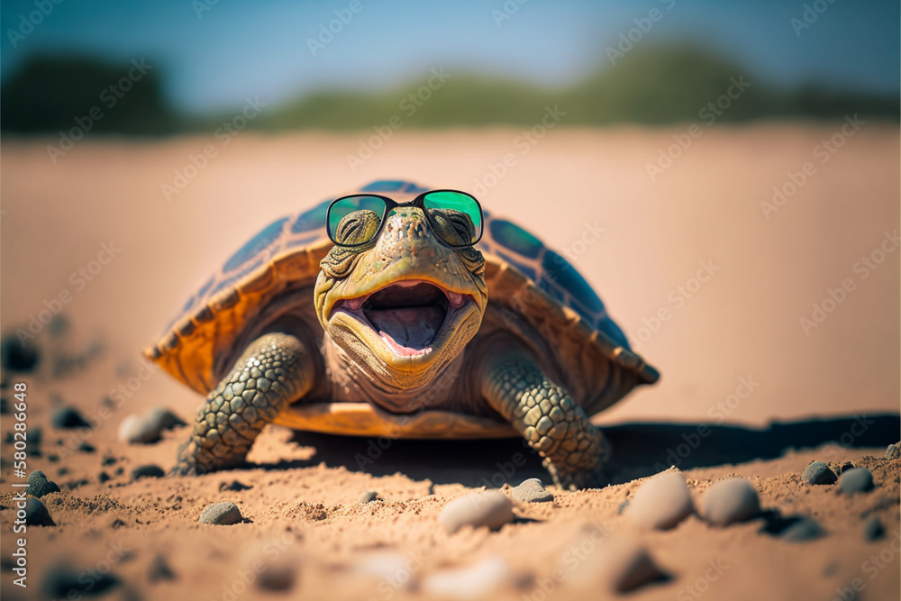 Cheerful smiling turtle in sunglasses on the sea beach, animal on ...