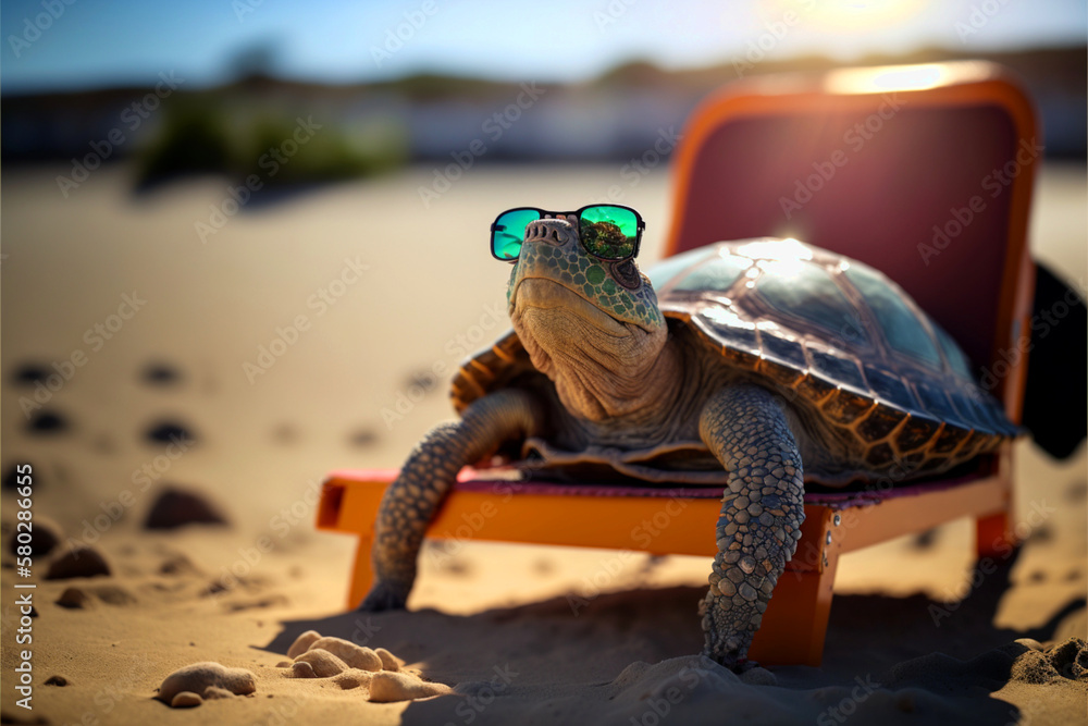 Turtle in sunglasses on a sea beach lying on a sun lounger, animal on ...