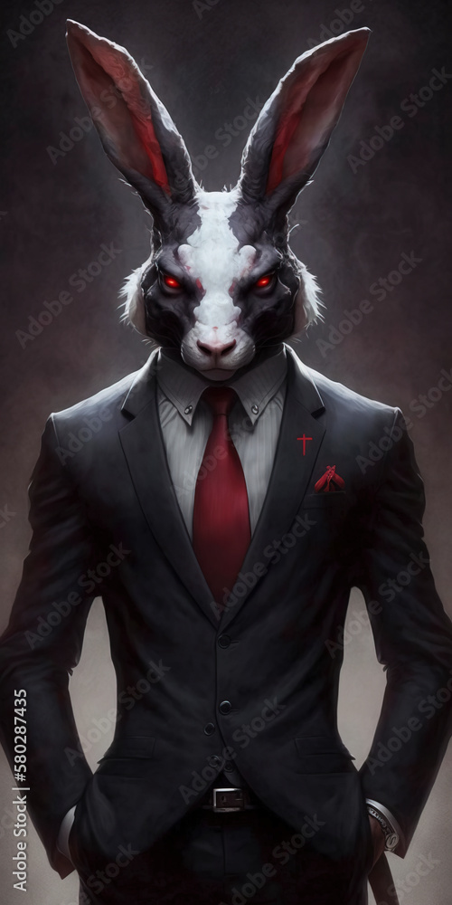 White rabbit with red eyes and evil face dressed as a businessman ...