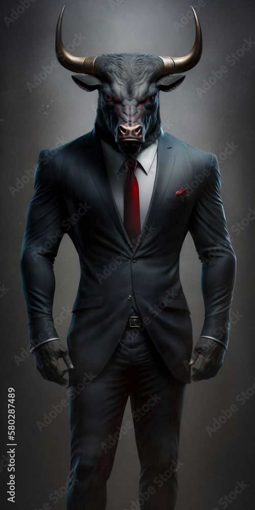 Bull with red eyes and evil face dressed as a businessman created using ...