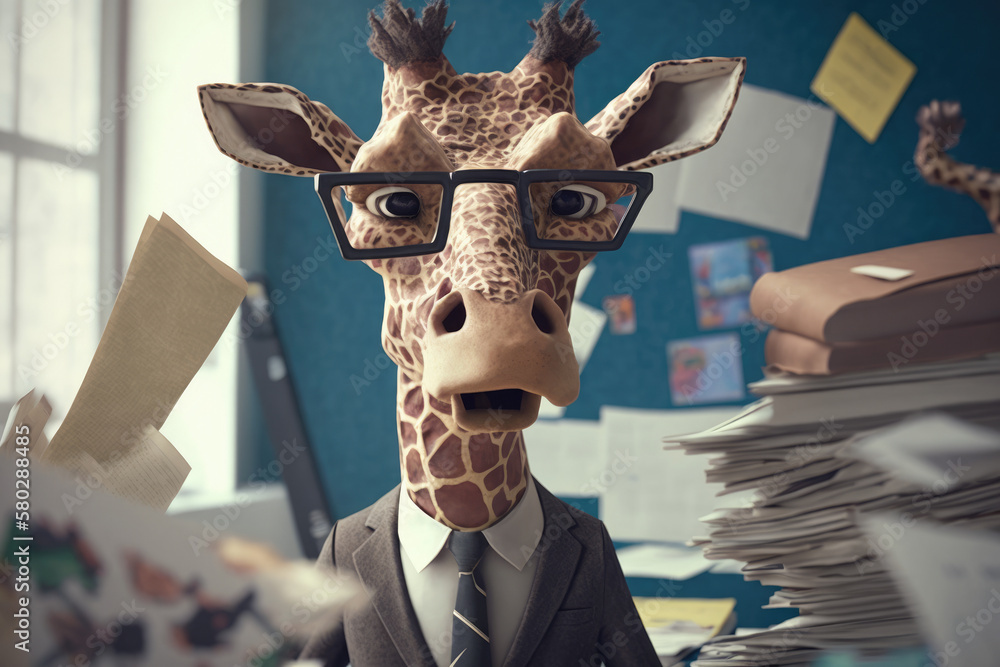Giraffe with glasses working in the office. Animals in the Office ...