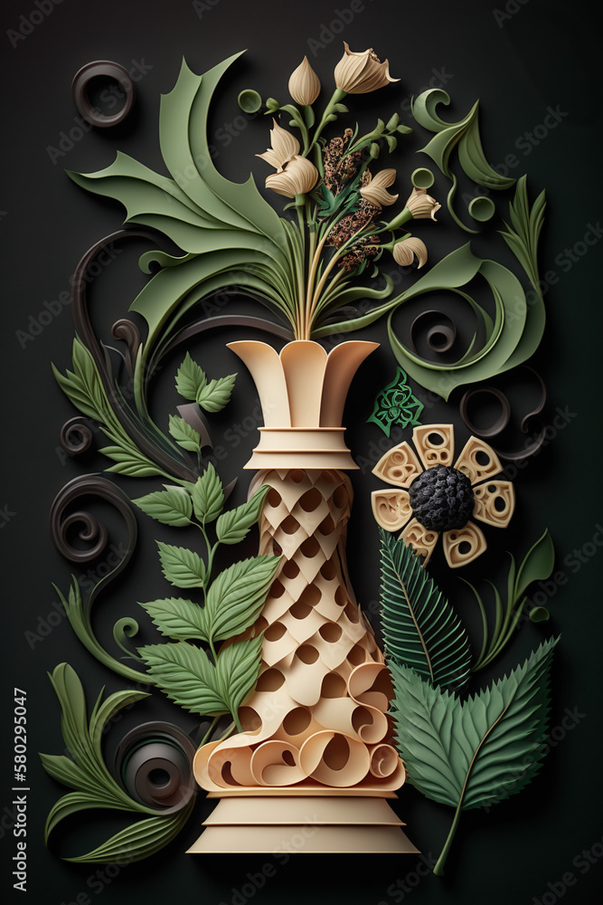 quilling art of queen chess piece with flowers and green leaves using ...