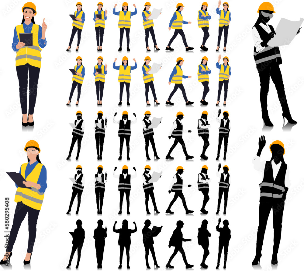 Female construction worker poses wearing helmet and vest. Different color options. Hand-drawn ...
