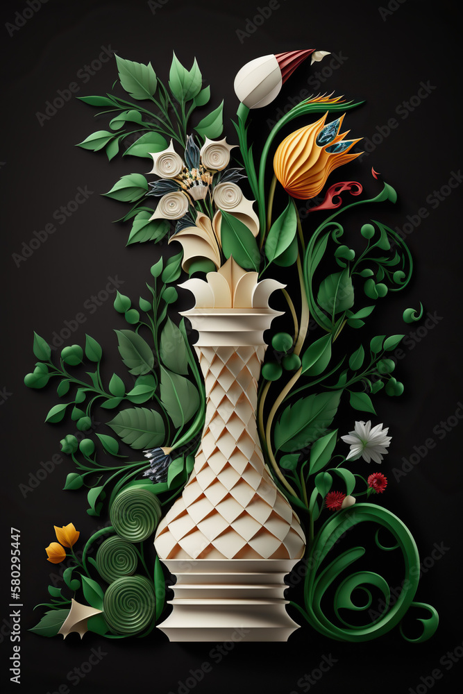quilling art of queen chess piece with flowers and green leaves using ...