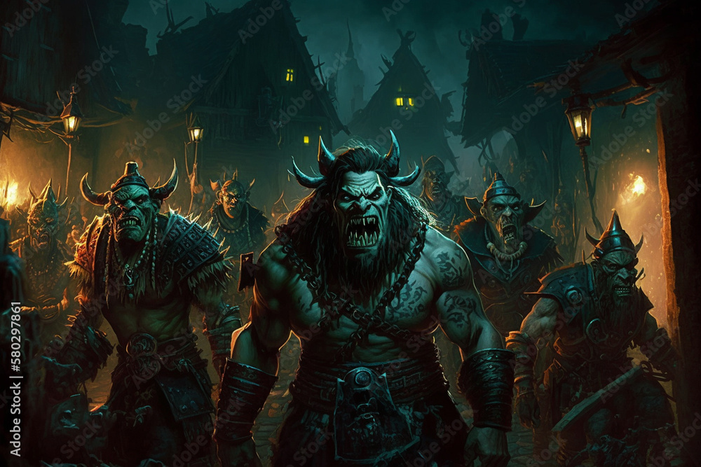 Ilustração do Stock: fantasy orcs | A band of orcs raiding a human ...