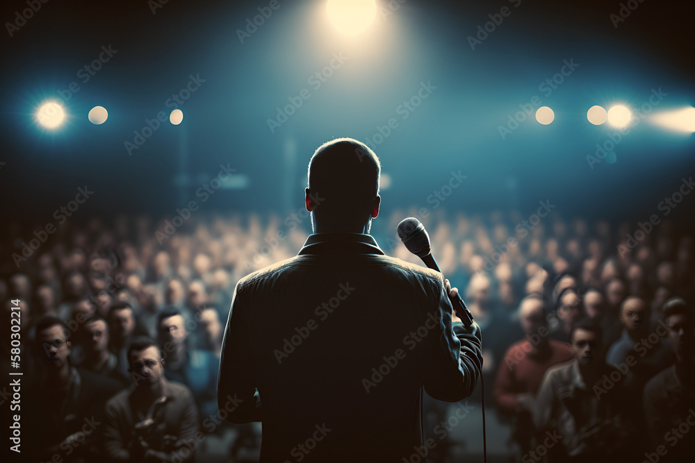 A person giving a speech, equipped with a microphone, standing on a ...