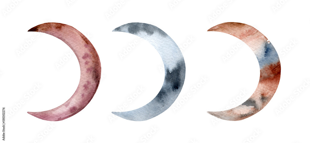 Hand painted watercolor crescent moon. Magic design for printing on ...