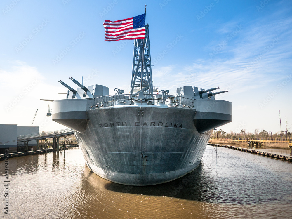 Battleship USS North Carolina docked at Wilmington, NC. View of the ...