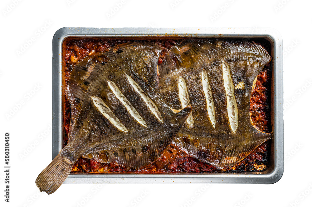 Flounder flat fish roasted in a tomato sauce in baking tray. Isolated ...