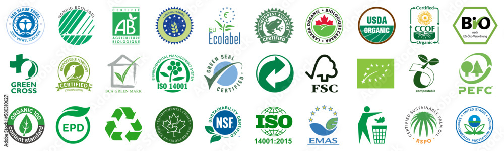 Kiev, Ukraine - March 12, 2023: Set eco logos certified company. BIO ...