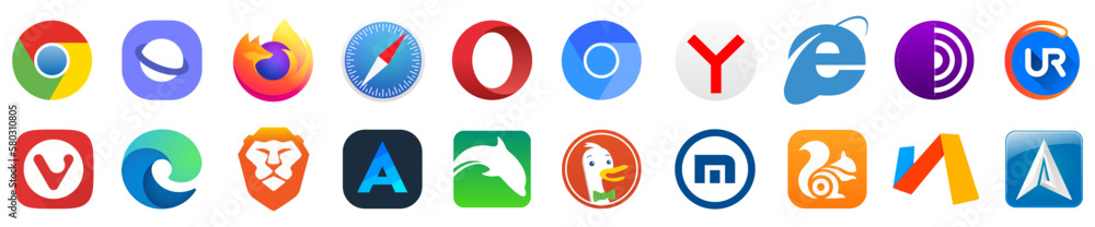 Kiev, Ukraine - March 12, 2023: Set popular logos internet browser ...