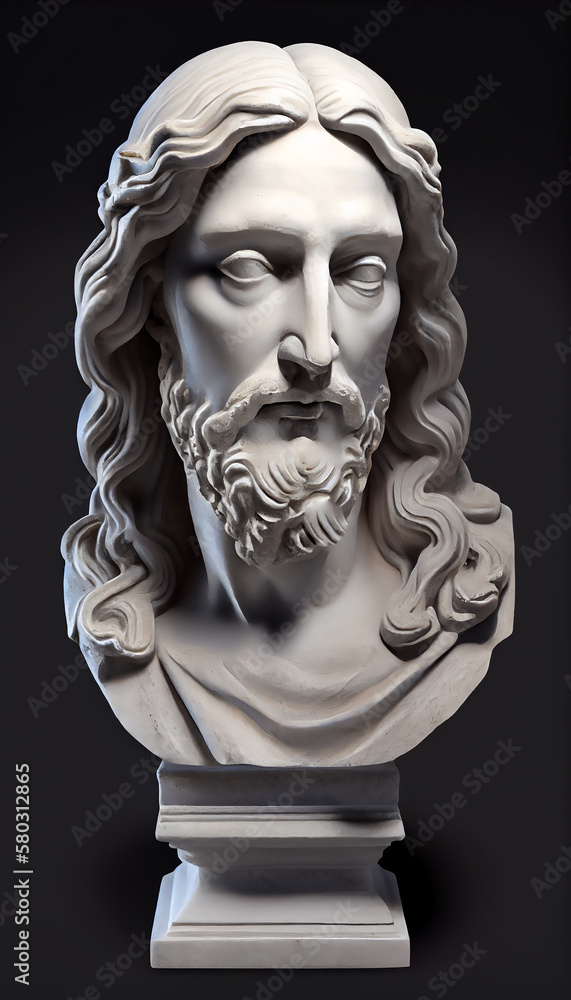 Statue of Jesus Christ head isolated on black Blackground with copy ...