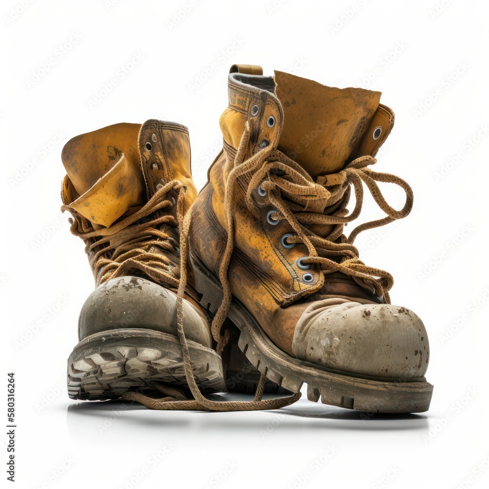 A pair of used and worn construction boots, covered in dirt and grime ...
