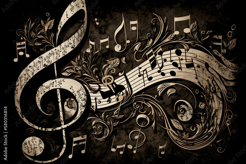 3d illustration of musical notes and musical signs of abstract music ...