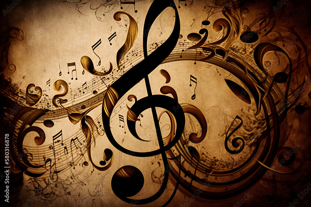 3d illustration of musical notes and musical signs of abstract music ...
