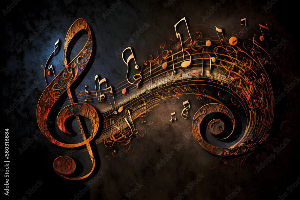 3d illustration of musical notes and musical signs of abstract music ...
