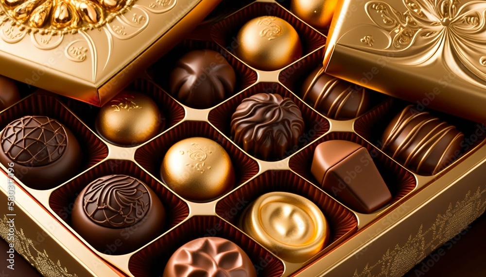 Gold luxury sweet chocolate candies pralines in golden box. Generative ...