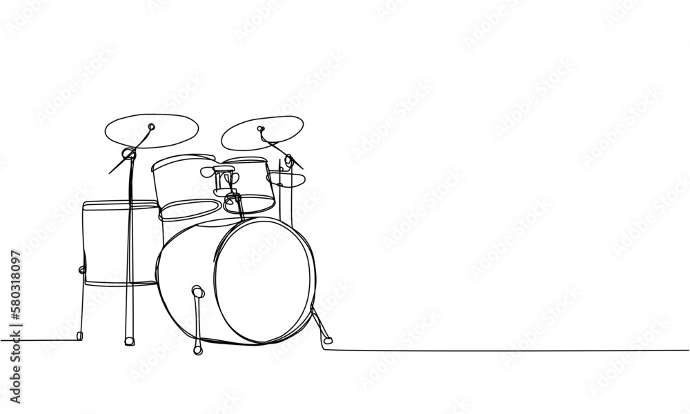 Drum kit one line art. Continuous line drawing of play, drum, drumstick ...