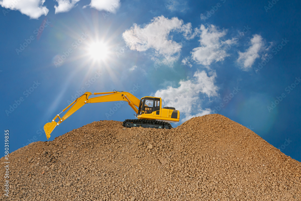 Crawler excavators are digging soil at construction site . on clouds ...