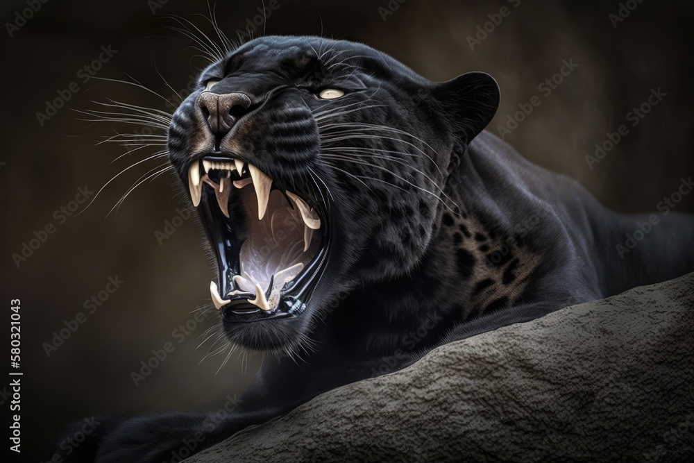 A wild black panther yawns. Large Carnivore That Is a Black Panther ...