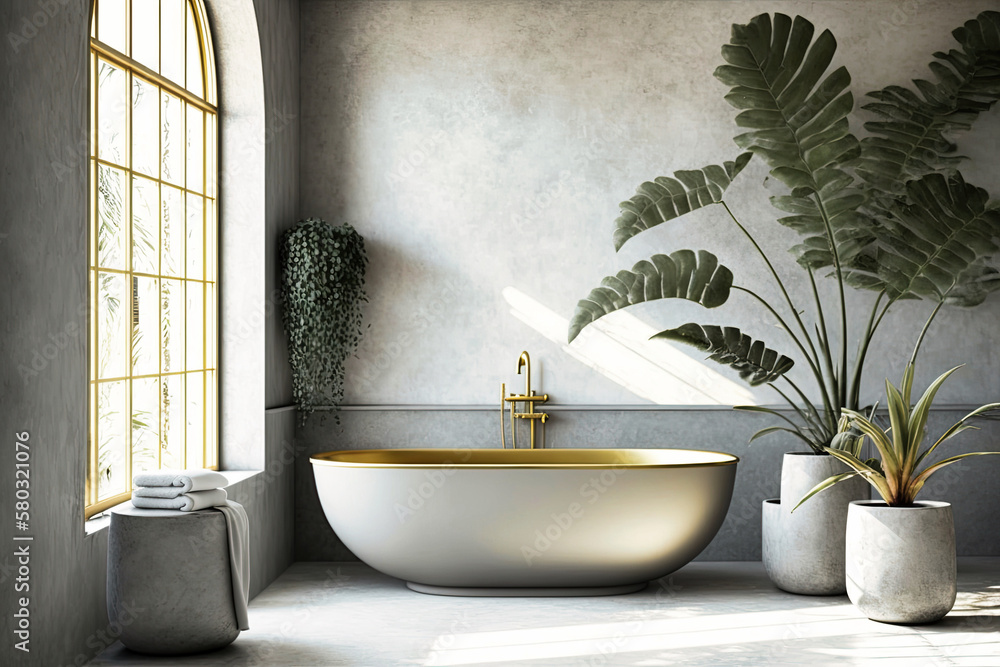 minimal design bathroom with white ceramic bathtub, banana tree, gold ...