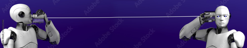 humanoid robot with a tin can rope phone, robot says, 3d render. Stock ...