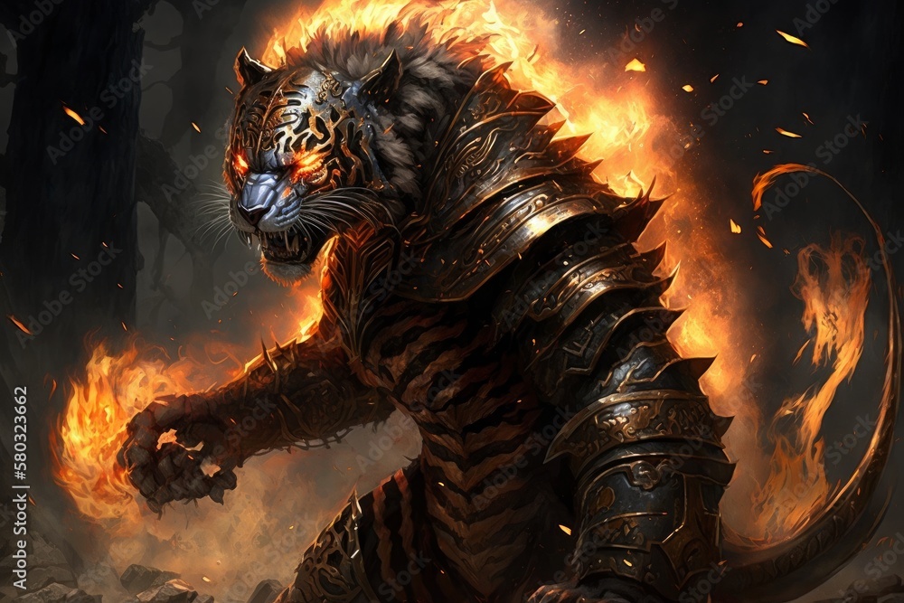 Angry tiger warrior with fire power and wearing golden armor ...