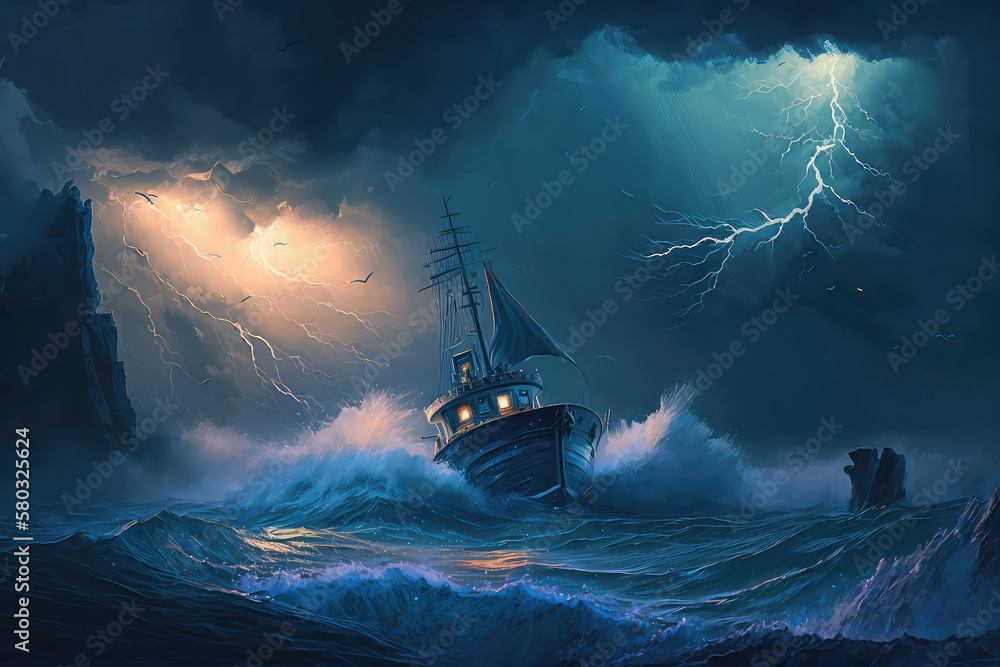 ภาพประกอบสต็อก fishing boat navigating during a storm. Thunder and rain ...