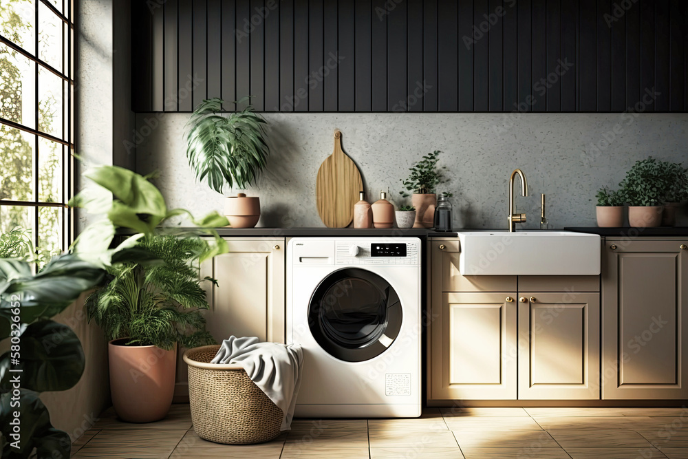 Modern interior design of laundry room with beige counter, cabinet ...