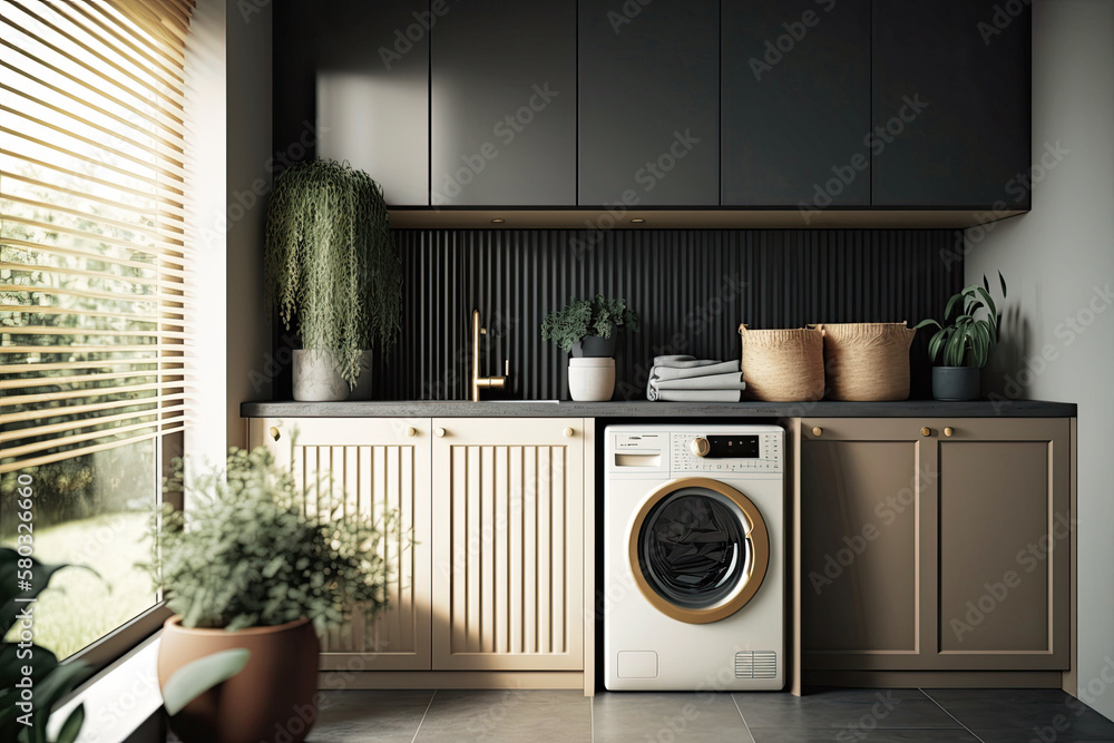 Modern interior design of laundry room with beige counter, cabinet ...