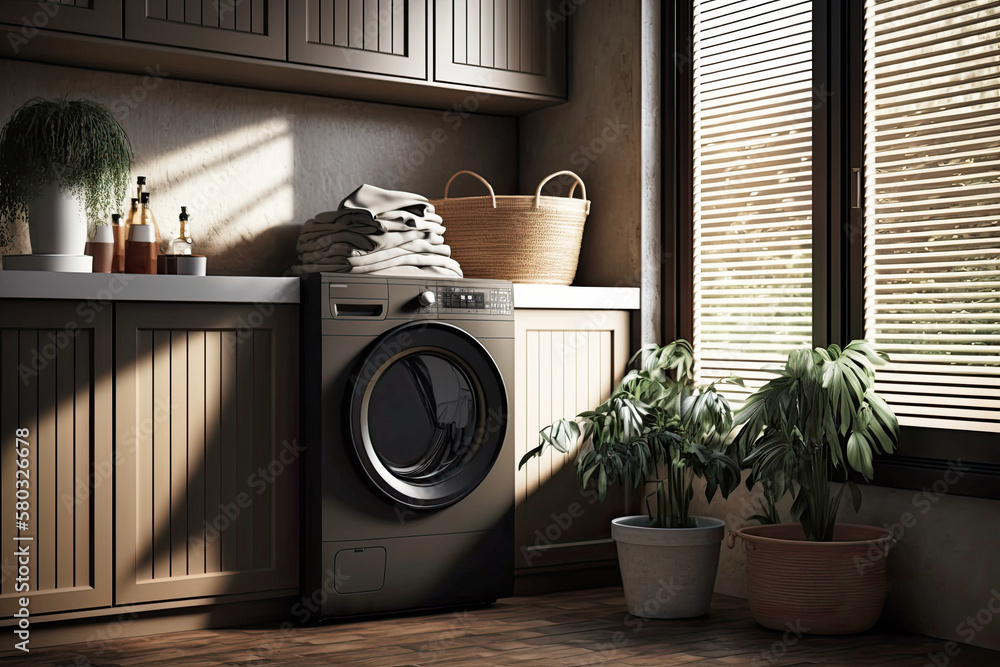 Modern interior design of laundry room with beige counter, cabinet ...