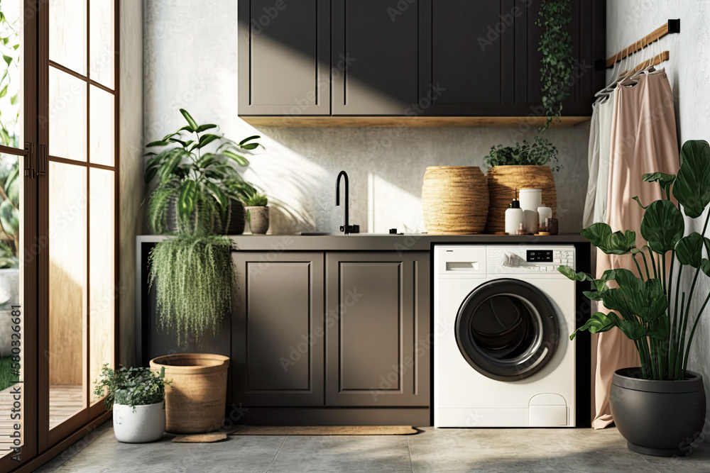 Modern interior design of laundry room with beige counter, cabinet ...