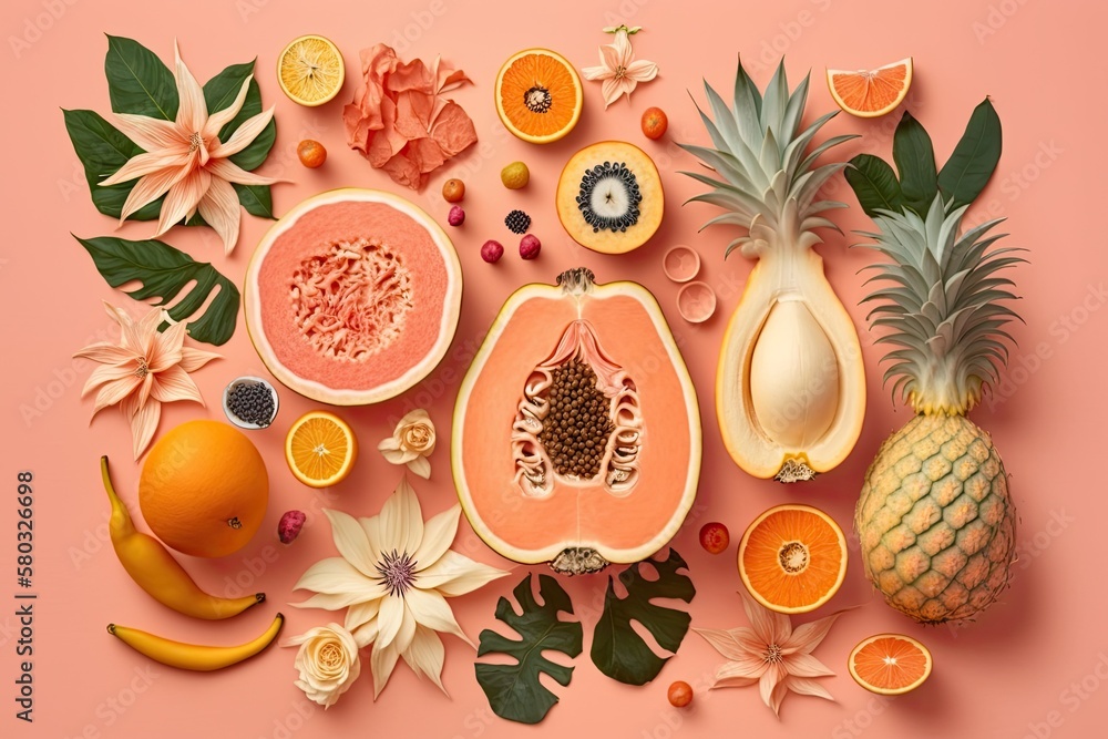 Papaya, grapefruit, pineapple, orange, mangosteen, and flowers are ...