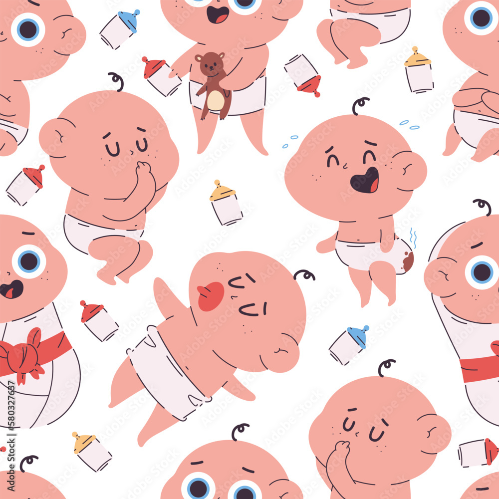 Funny newborn baby vector cartoon seamless pattern background for ...
