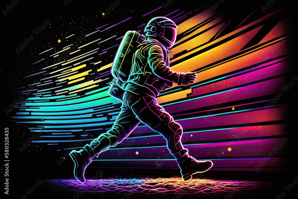 Retro 80s style synthwave backdrop drawing of an astronaut running ...