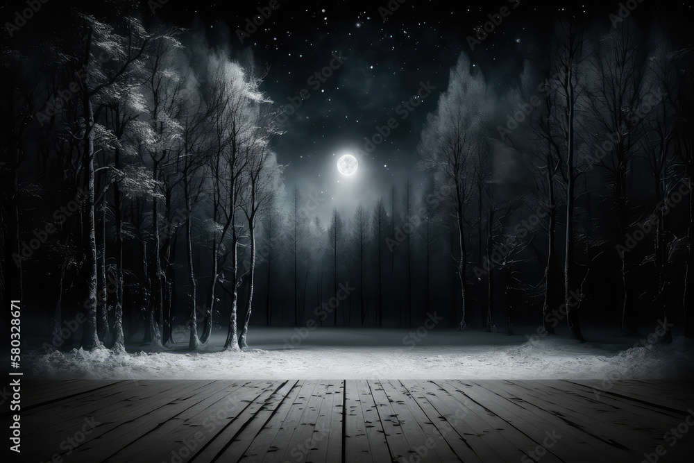 ภาพประกอบสต็อก Dark abstract winter forest background. Wooden floor ...