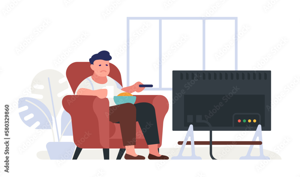 Sad fat guy watching TV and eating. Lazy man sitting in armchair in ...