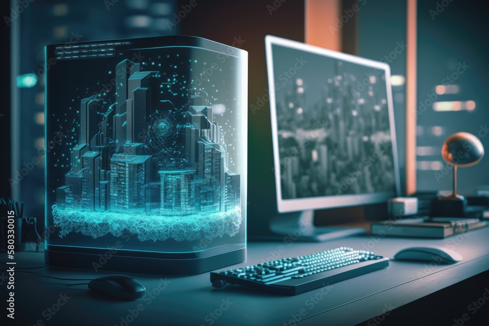 Hologram illustration of a desktop computer backdrop in an office with ...
