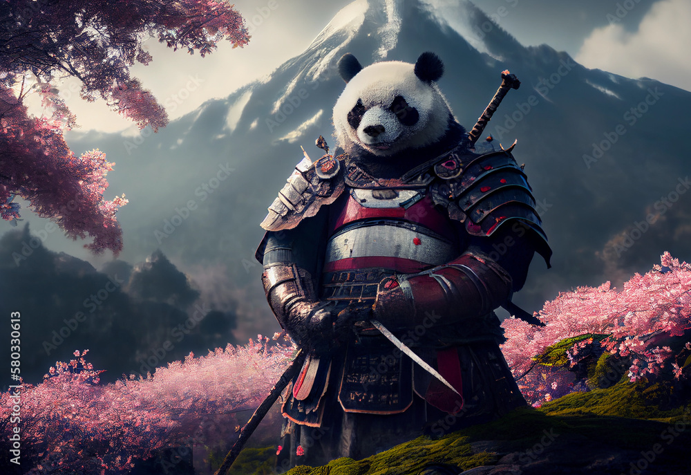panda samurai and cherry blossoms on the mountain. ai generated Stock ... panda samurai and cherry blossoms on the mountain. ai generated Stock ...