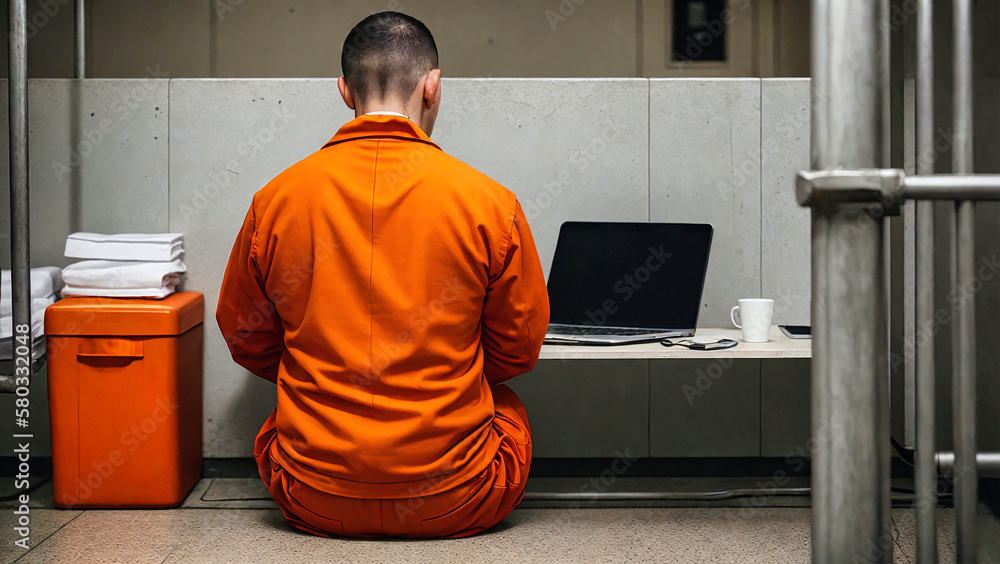 back view of a prisoner in orange suit sitting on the floor and working ...