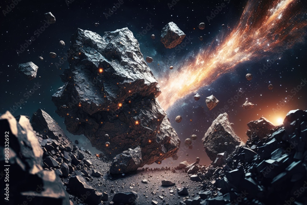 rocks and debris swarm traveling across space asteroids field in cosmic backdrop belt of huge ...