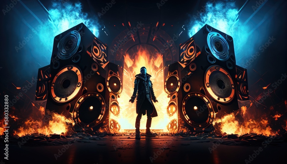 speakers surrounded by fire, burning speaker. Created with generative ...