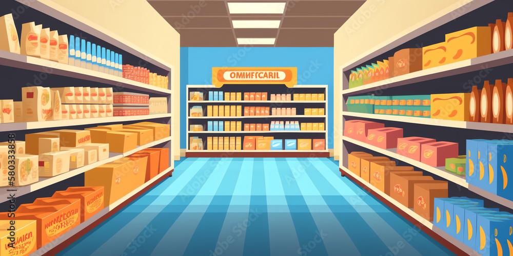 Aisle in grocery store and shelves with food vector background ...