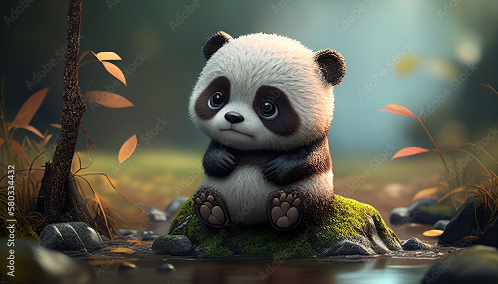 cute baby panda sad in the forest. Created with Generative AI. Stock ...